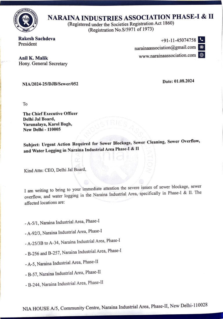 CEO-DJB-Sewer issues-01.08.2024 – Naraina Industries Association