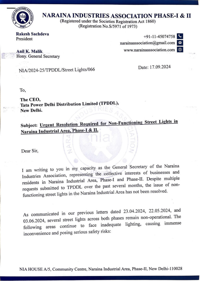 TPDDL-Street Lights-17.09.2024 – Naraina Industries Association