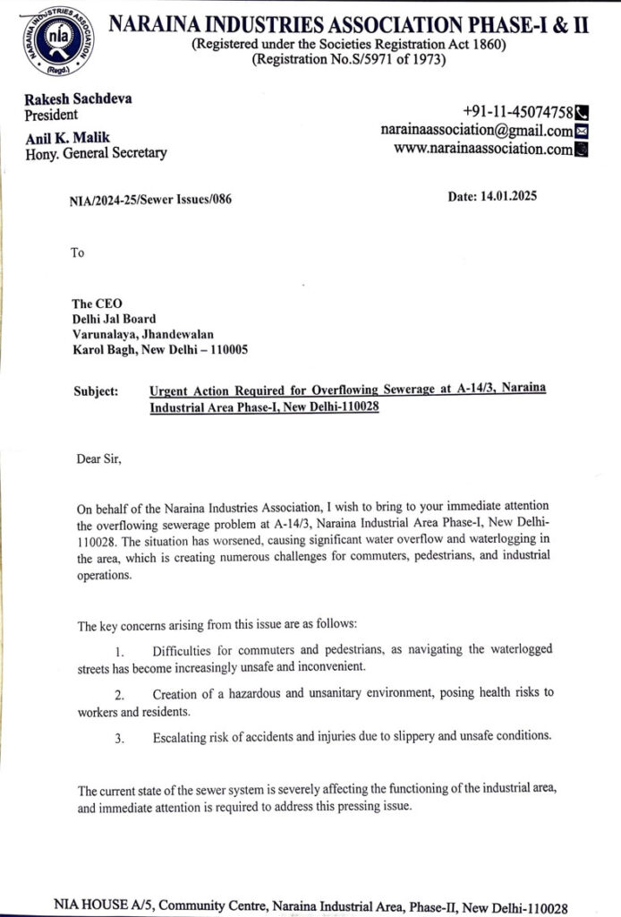 CEO-DJB-Sewer issues-14.01.2025 – Naraina Industries Association