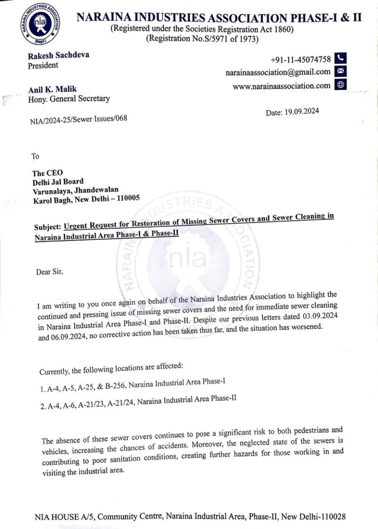 CEO-DJB-Sewer issues-19.09.2024 – Naraina Industries Association