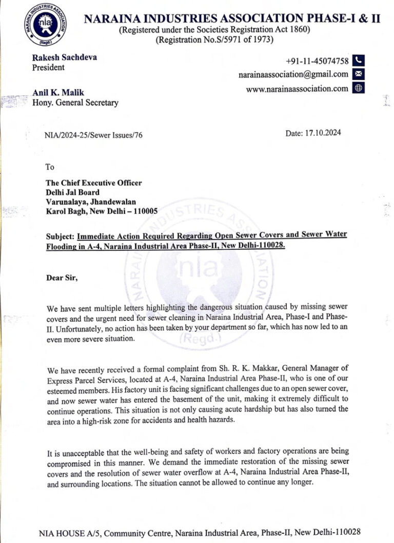 CEO-DJB-Sewer issues-A4, Ph-II-17.10.2024 – Naraina Industries Association