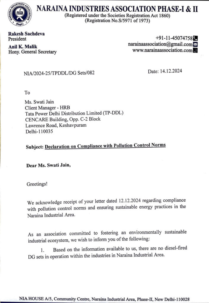 TPDDL-DG sets-14.12.2024 – Naraina Industries Association