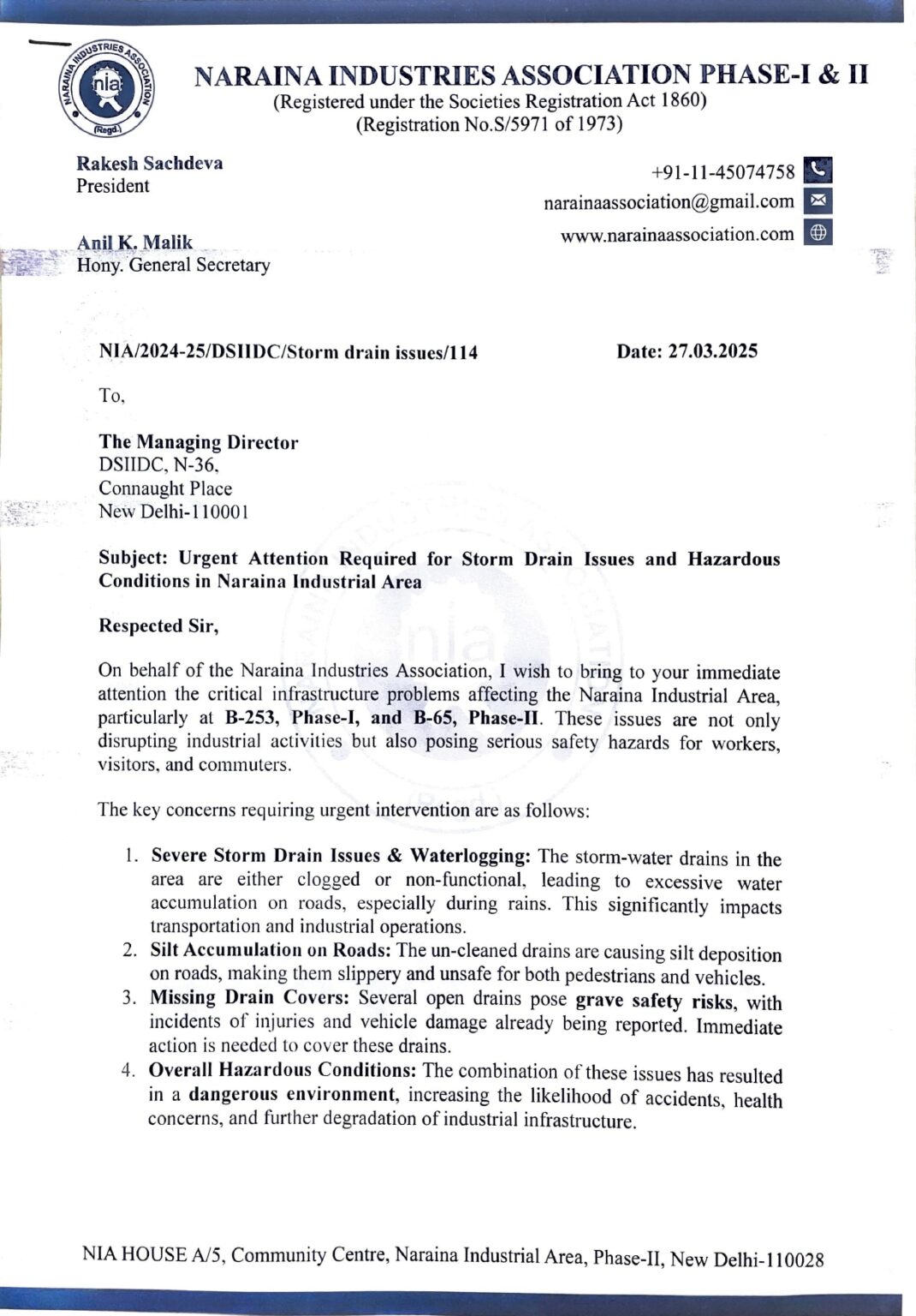 DSIIDC-Storm drain issues-27.03.2025 – Naraina Industries Association