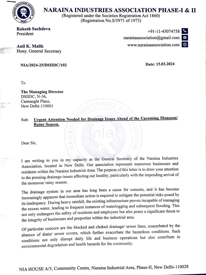 MD-DSIIDC-Drainage issues on Monsoon-15.03.2025 – Naraina Industries ...