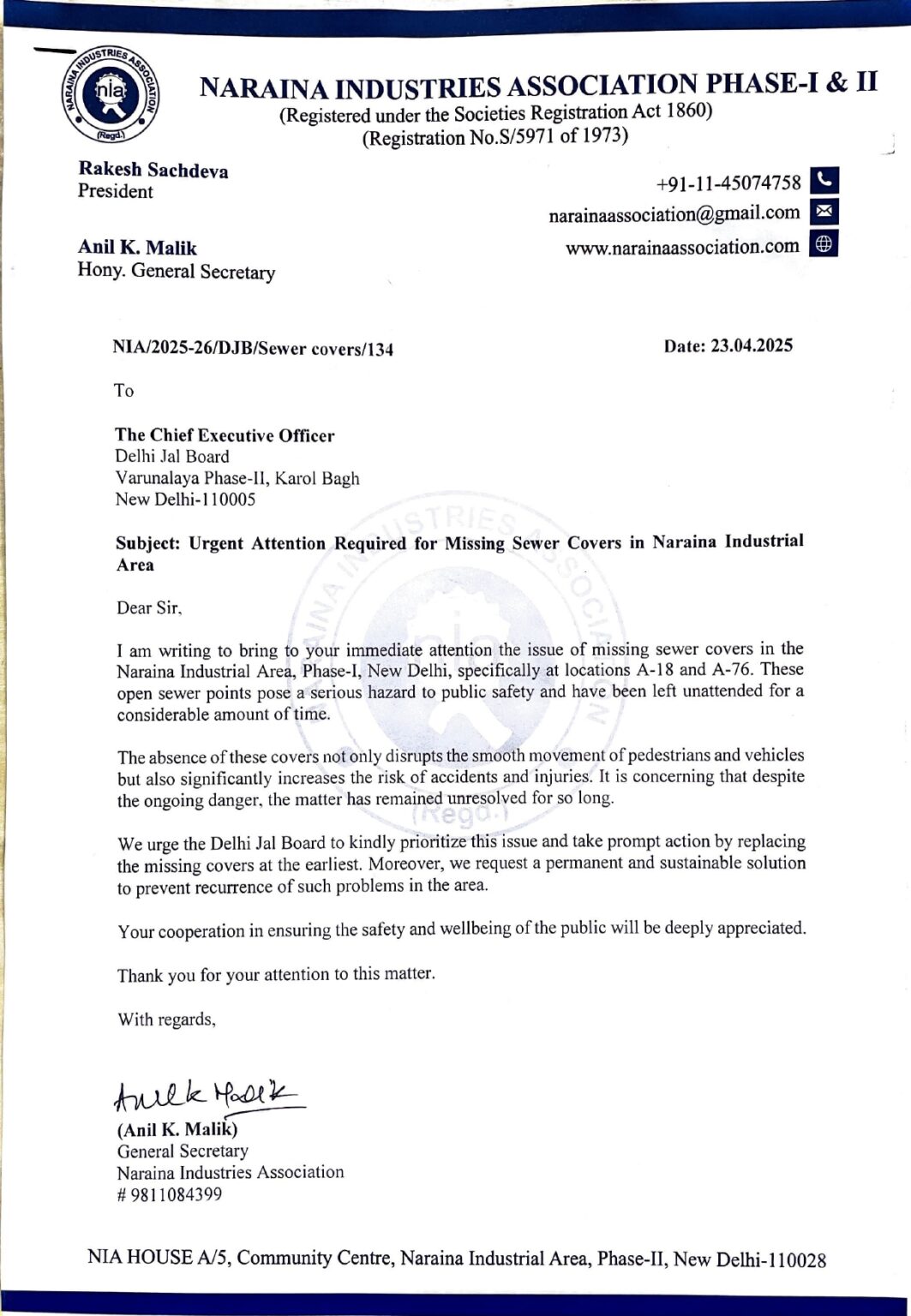 CEO-DJB-Missing Sewer Covers-23.04.2025 – Naraina Industries Association