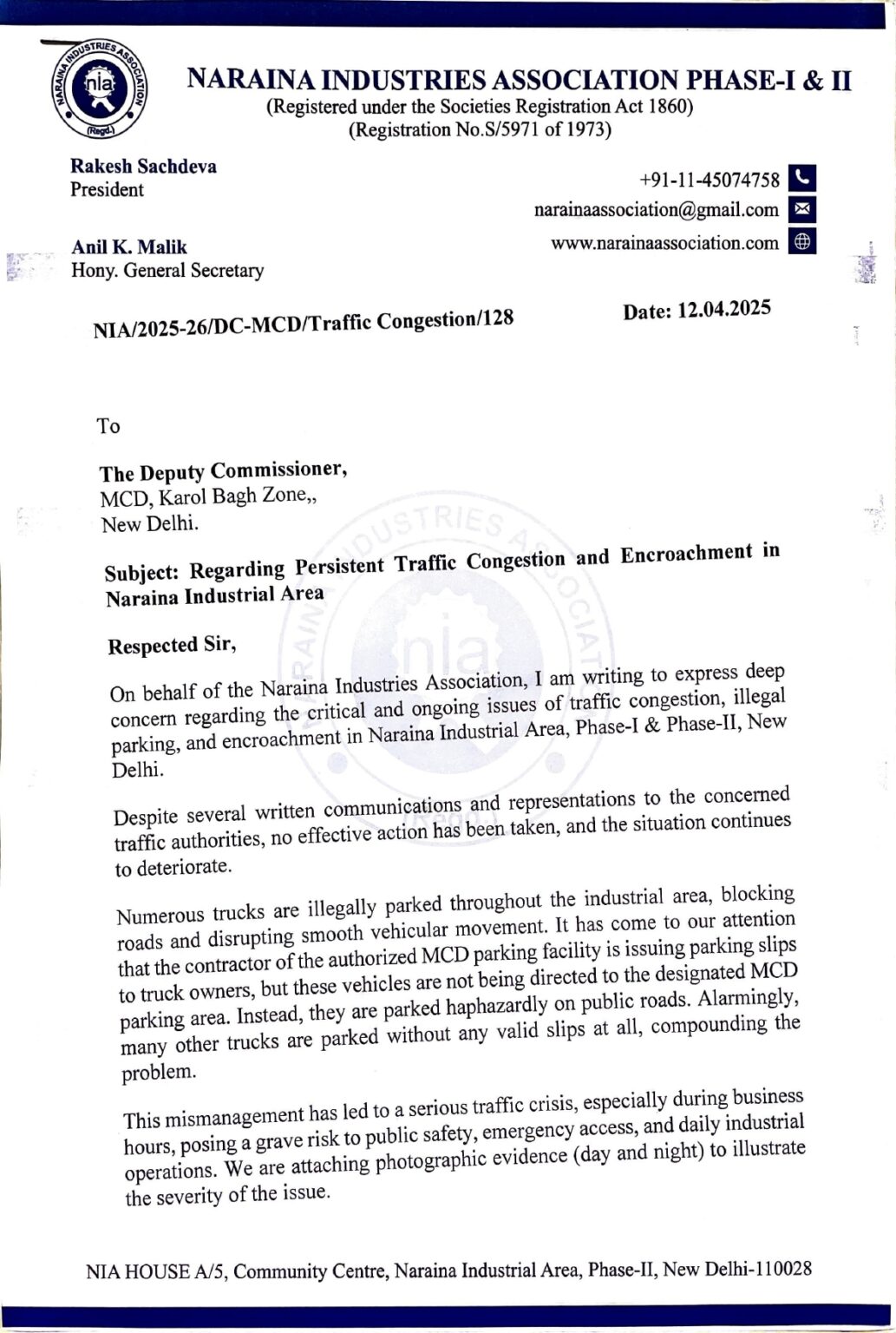 DC-MCD-Traffic Congestion-12.04.2025 – Naraina Industries Association