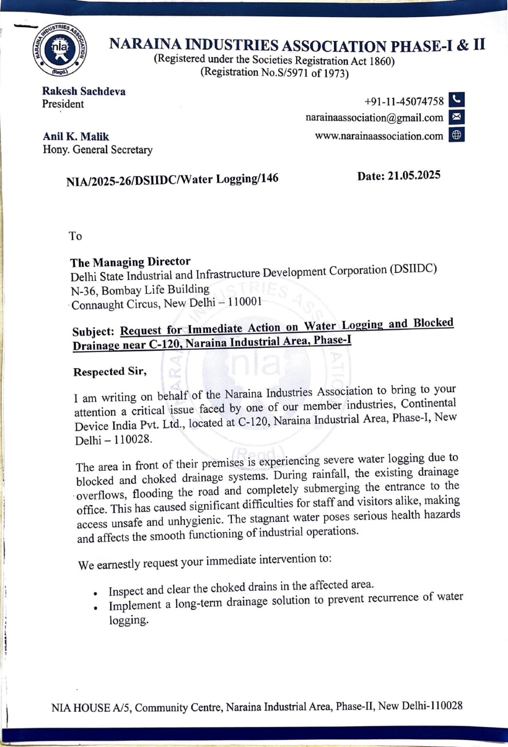 DSIIDC-Water Logging-21.05.2025 – Naraina Industries Association